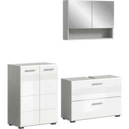 Badmöbel-Set Welltime "Calicio, bestehend aus: Midischrank, Waschbeckenunterschrank", grau (hellgrau, weiß hochglanz), B:155cm H:190cm T:32cm, Holzwerkstoff, MDF, Kastenmöbel-Sets, Spiegelschrank, hochwertige MDF Front mit Rillenfräsung