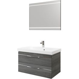 Badmöbel-Set SAPHIR "Balto 2-teilig Mineralmarmor-Waschtisch mit LED-Spiegel, Waschplatz", grau (graphit struktur quer nachbildung mit chromeinlage), B:92cm H:200cm T:50,8cm, Spanplatte, Kastenmöbel-Sets, 92 cm breit, mit 2 Schubladen, Badschrank inkl. Schubladendämpfer