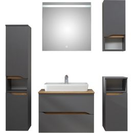Badmöbel-Set SAPHIR "Quickset 5-teilig, Keramik-Aufsatzbecken mit LED-Spiegel", grau (quarzgrau matt touch, quarzgrau matt, akzent riviera eiche quer nb), Kastenmöbel-Sets, Midischrank, Unterschrank, Hängeschrank, inkl. Türdämpfer, 6 Türen