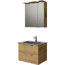 Badmöbel-Set SAPHIR "Serie 6025 2-teilig Mineralmarmor-Waschtisch mit LED-Spiegelschrank", braun (riviera eiche quer nb), B:67cm H:200cm T:48cm, Spanplatte, Kastenmöbel-Sets, Waschplatz 67 cm breit, 2 Schubladen, 2 Spiegel-Türen, inkl Türdämpfer