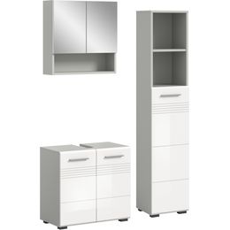 Badmöbel-Set Welltime "Calicio, bestehend aus: Waschbeckenunterschrank, Spiegelschrank", grau (hellgrau, weiß hochglanz), B:105cm H:190cm T:32cm, Holzwerkstoff, MDF, Kastenmöbel-Sets, Hochschrank, hochwertige MDF Front mit Rillenfräsung