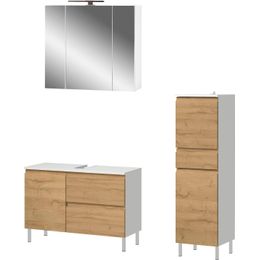 Badmöbel-Set Germania "Torrance", weiß (weiß, grandson, eiche, nachbildung), B:129cm H:190cm T:34cm, Kastenmöbel-Sets, Waschbecken-Unterschrank, Spiegelschrank mit Beleuchtung und Schrank