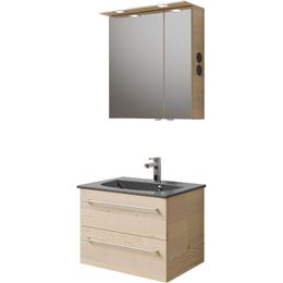 Badmöbel-Set SAPHIR "Serie 6025 2-teilig Mineralmarmor-Waschtisch mit LED-Spiegelschrank", braun (polar pinie quer nb), B:67cm H:200cm T:48cm, Spanplatte, Kastenmöbel-Sets, Waschplatz 67 cm breit, 2 Schubladen, 2 Spiegel-Türen, inkl Türdämpfer