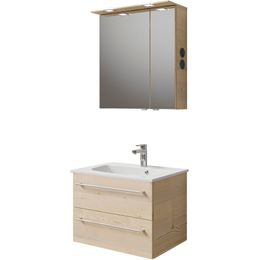 Badmöbel-Set SAPHIR "Serie 6025 2-teilig Mineralmarmor-Waschtisch mit LED-Spiegelschrank", braun (polar pinie quer nb), B:67cm H:200cm T:48cm, Spanplatte, Kastenmöbel-Sets, Waschplatz 67 cm breit, 2 Schubladen, 2 Spiegel-Türen, inkl Türdämpfer