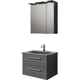 Badmöbel-Set SAPHIR "Serie 6025 2-teilig Mineralmarmor-Waschtisch mit LED-Spiegelschrank", grau (quarzgrau matt select), B:67cm H:200cm T:48cm, Spanplatte, Kastenmöbel-Sets, Waschplatz 67 cm breit, 2 Schubladen, 2 Spiegel-Türen, inkl Türdämpfer