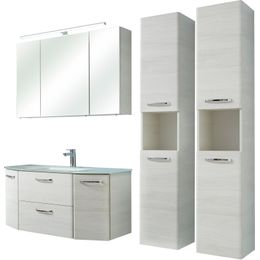 Badmöbel-Set SAPHIR "Quickset 936 4-teilig, Glaswaschtisch und LED-Spiegelschrank", weiß (eiche weiß quer nachbildung), B:172cm T:48cm, Glas, MDF, Spanplatte, Kastenmöbel-Sets, 2 Hochschränke, Eiche Weiß quer Nachbildung, inkl. Türdämpfer, 9 Türen