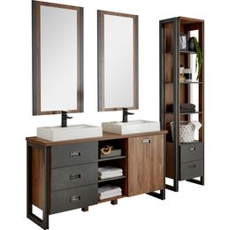 Badmöbel-Set Home Affaire "Detroit, Bad im Industrialdesign, 3-teiliges Badezimmer", gelb (eiche honigfarben dekor, schiefer, nachbildung), Kastenmöbel-Sets, Waschtisch, Regal & Spiegel, inkl. zwei Mineralguss-Aufsatzwaschbecken