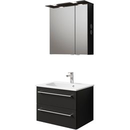 Badmöbel-Set SAPHIR "Serie 6025 2-teilig Mineralmarmor-Waschtisch mit LED-Spiegelschrank", schwarz (schwarz matt select), B:67cm H:200cm T:48cm, Spanplatte, Kastenmöbel-Sets, Waschplatz 67 cm breit, 2 Schubladen, 2 Spiegel-Türen, inkl Türdämpfer