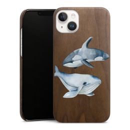 DeinDesign iPhone 14 Handy Holz Hülle Holz Schutzhülle Echtholz Handyhülle Water Colour Wale Ocean Holz Slim Case