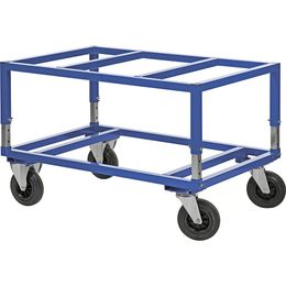 Kongamek Paletten-Fahrgestell KM222, LxBxH 1200 x 800 x 655 - 830 mm, blau, 2 Lenkrollen mit Stopp, 2 Bockrollen, ab 5 Stk