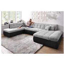 Wohnlandschaft DOMO collection "Moric U-Form, auch in Cord, Breite 353cm, viel Platz", silber (schwarz, silber), B:353cm H:80cm T:95cm, Microfaser PRIMABELLE / Struktur (90% Polyester/ 10% Polyacryl);Kunstleder SOFTLUX / Struktur (90% Polyester/ 10% Polyacryl), Sofas, im XXL-Format, wahlweise mit Bettfunktion und Armlehnenverstellung, Topseller