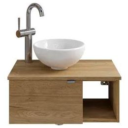 Waschtisch SAPHIR "Serie 6915 Waschschale mit Unterschrank für Gästebad, Gäste WC", braun (halifax eiche, halifax eiche, halifax eiche quer nb), B:61cm H:39,8cm T:35cm, Waschtische, 61 cm breit, 1 Tür, offenes Fach, kleine Bäder, ohne Armatur