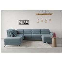 Sit & More Wohnlandschaft SIT & MORE "Sinatra U-Form", blau (hellblau), B:326cm H:85cm T:220cm, 90% Polyester, 10% Polyamid, Sofas, optional mit Kopfteilverstellung und Armteilfunktion, Metallfüße