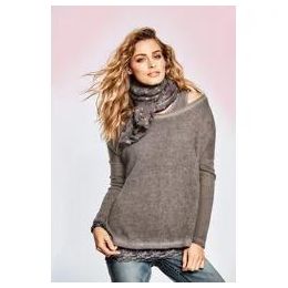 Rundhalsshirt Heine "Rundhals-Shirts", Damen, Gr. 38, beige (sand), 75% Polyacryl, 25% Polyester, Schal:100% Polyester, Spitze:50% Baumwolle, 10% Elasthan, 40% Polyester, Top:100% Viskose, unifarben, Rundhals, Shirts