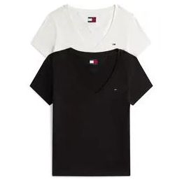 Tommy Hilfiger T-Shirt TOMMY JEANS "TJW 2PACK V-NECK TEE", Damen, Gr. L (40), beige (ecru, schwarz), Jersey, Obermaterial: 100% Baumwolle, unifarben, regular fit hüftlang, V-Ausschnitt, abgesteppt, Shirts, mit Logostickerei