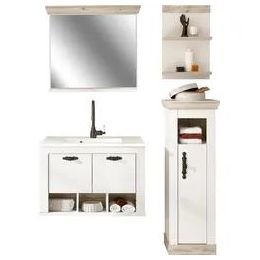 Badmöbel-Set Home Affaire "Florenz, Bad im Landhausstil, 4-teiliges Badezimmer", weiß (pinie weiß dekor), Kastenmöbel-Sets, Hänge-Waschtisch, Schrank, Wandboard und Spiegel, in Pinie Weiß