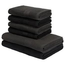 Handtuch Set my home "Anna, 2 Duschtücher 70x140, 4 Handtücher 50x100", anthrazit, schwarz, 6 Stk., Walkfrottee, Obermaterial: 100% Baumwolle, Handtuch-Sets, Handtuch-Set, gestreifte Bordüre, 100% Baumwolle, zweifarbig