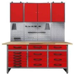 Werkstatt-Set ONDIS24, rot (anthrazit, rot), B:160cm H:205cm T:60cm, Edelstahl, Werkbänke, 160 cm, mit LED