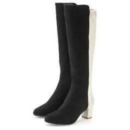 Stiefel Lascana, Damen, Gr. 38, schwarz (schwarz, weiß), Obermaterial: 100% Textilmaterial. Futter: 100% Lederimitat. Decksohle: 100% Lederimitat. Laufsohle: 100% Synthetik, mehrfarbig, Schuhe, Langer Stiefel, Stiefelette mit Blockabsatz in zweifarbiger Optik