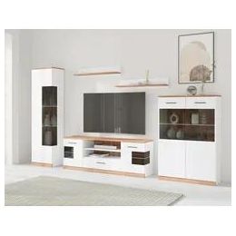 Wohnwand Home Affaire "Ribe Wohnwand Set-5 St.", weiß, kernbuche, Holzwerkstoff, Massivholz, Kastenmöbel-Sets, Glaseinsatz aus gehärtetem Glas,Böden teilweise versetzbar