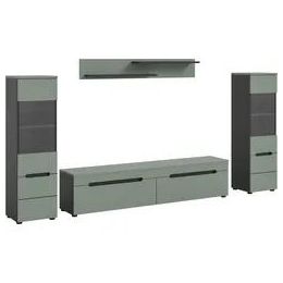 Wohnwand Inosign "REHAT, TOPSELLER, 4-teilig, wahlweise stehend und hängend montierbar", basalt grau, smoke grün nb, B:272cm H:141cm T:33cm, Spanplatte, Kastenmöbel-Sets, Kombination, Anbauwand, Set, Wohn-Set, Wohnzimmer-Set, Schrankwand