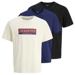 Jack & Jones Rundhalsshirt JACK & JONES "JORINWOOD BLOCK BRANDING TEE SS CN3PK MP", Herren, Gr. XS, ocean cavern pack:with antique weiß, schwarz, Jersey, Obermaterial: 100% Baumwolle, bedruckt, normal, Rundhals, Shirts
