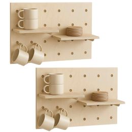 2er-Set Wandpaneel HWC-P24, Wanddekoration Wandregal Steckboard, 4 Ebenen Aufhängung 60x40cm MVG ~ naturfarben