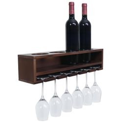 Weinregal HWC-P21, Glas-/Flaschenhalter Wandbar Regal für 4 Flaschen/6 Gläser Holz MVG-zertifiziert 12x48x12cm ~ braun