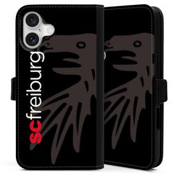 DeinDesign iPhone 16 Plus Handy Klapph&uuml;lle Handyh&uuml;lle aus Kunst Leder schwarz Flip Case Logo Sc Freiburg Official Licensed Product Sideflip mit Lasche