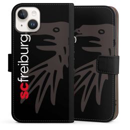 DeinDesign iPhone 14 Handy Klapph&uuml;lle Handyh&uuml;lle aus Kunst Leder schwarz Flip Case Logo Sc Freiburg Official Licensed Product Sideflip mit Lasche