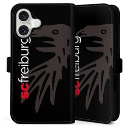 DeinDesign iPhone 16 Handy Klapph&uuml;lle Handyh&uuml;lle aus Kunst Leder schwarz Flip Case Logo Sc Freiburg Official Licensed Product Sideflip mit Lasche