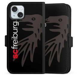 DeinDesign iPhone 15 Handy Klapph&uuml;lle Handyh&uuml;lle aus Kunst Leder schwarz Flip Case Logo Sc Freiburg Official Licensed Product Sideflip mit Lasche