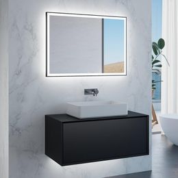 neoro n60 Unterschrank B: 100 cm mit 1 Auszug, Waschtisch weiß matt, mit Lichtspiegel, BN0065WM+BN0756BM+BN0016MI,