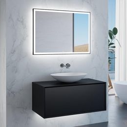 neoro n60 Unterschrank B: 100 cm mit 1 Auszug, Waschtisch weiß matt, mit Lichtspiegel, BN0068WM+BN0756BM+BN0016MI,