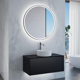 neoro n60 Unterschrank B: 100 cm mit 1 Auszug, Waschtisch Ø 40 cm weiß matt, mit Lichtspiegel, BN0108WM+BN0756BM+BN0023MI,