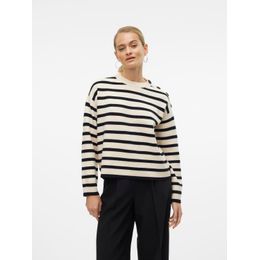 Véro Moda Rundhalspullover VERO MODA "VMSABA LS O-NECK BUTTON PULLOVER GA NOOS", Damen, Gr. M, beige (birch stripes:schwarz), Strick, Obermaterial: 50% Viskose, 28% Polyester, 22% Nylon, gestreift, taillenlang, Rundhals, Pullover Rundhalspullover, mit Zierknöpfen auf der linken Schulter