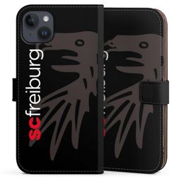 DeinDesign iPhone 14 Plus Handy Klapph&uuml;lle Handyh&uuml;lle aus Kunst Leder schwarz Flip Case Logo Sc Freiburg Official Licensed Product Sideflip mit langer Lasche