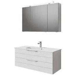 Badmöbel-Set SAPHIR "Serie 6025 2-teilig Mineralmarmor-Waschtisch mit LED-Spiegelschrank", weiß (weiß hochglanz select), B:117cm H:200cm T:48cm, Spanplatte, Kastenmöbel-Sets, Waschplatz 117cm breit, 2 Schubladen, 3 Spiegel-Türen, inkl Türdämpfer