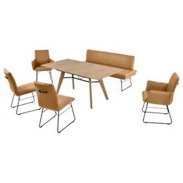K+w Komfort & Wohnen Essgruppe K+W KOMFORT & WOHNEN "Giacomo IV", gelb (curcuma,), Leder CLOUD, Ansteckplatte, Esstischbreite 160cm,Polsterbankbreite 172cm, Sitzmöbel-Sets, Polsterbank in 2 Größen, 2 Kufenstühle, 2 Armlehnenstühle und 1 Tisch