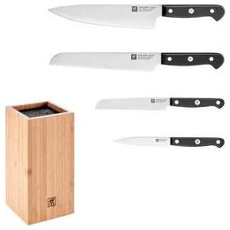 Messerblock Zwilling "Gourmet, inkl. 4 Messer", braun, B:12cm H:24cm L:12cm, Messerblöcke, mit flexiblen Kunststoff-Borsten, Bambus