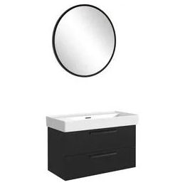 Badmöbel-Set Welltime "SALVADA, 2tlg-Set, gedämpfte Scharniere, Softclose, Keramikbecken", schwarz, B:100cm H:200cm T:47,5cm, MDF, Kastenmöbel-Sets, Schwarz, Keramikbecken 1 od. 2 Armaturlochbohrungen