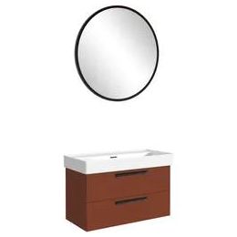 Badmöbel-Set Welltime "SALVADA, 2tlg-Set, gedämpfte Scharniere, Softclose, Keramikbecken", rot, B:100cm H:200cm T:47,5cm, MDF, Kastenmöbel-Sets, Rot, Keramikbecken 1 od. 2 Armaturlochbohrungen