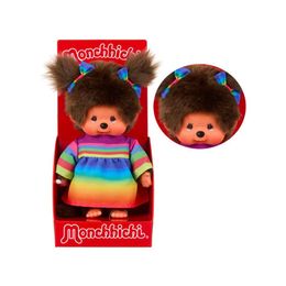 Mädchen im Regenbogen-Kleid | 20 cm Monchhichi Puppe | zwei Zöpfchen | Gr.: onesize