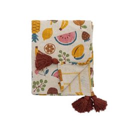 Bloomingville Decke FRUITTA mit Früchten und roten Quasten 160x130 cm | Gr.: onesize