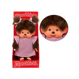 Mädchen im rosa Glitter-Kleid | 20 cm | Monchhichi Puppe | zwei Zöpfe | Gr.: onesize