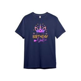 PAULGOS Kinder T-Shirt, Einhorn Birthday Girl in Navi-Blau | Gr.: 128