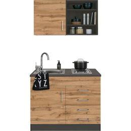 KOCHSTATION Pantryk&uuml;che &raquo;KS-Mali&laquo; Breite 100 cm, wahlweise mit E-Ger&auml;ten K&uuml;che: natur + Front: wotaneiche + Korpus: grau + Arbeitsplatte: eiche...