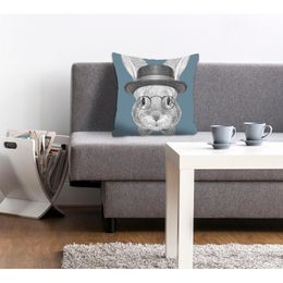 queence Dekokissen &raquo;Maricka&laquo; mit einem Hasen mit Hut blau + bedruckt Obermaterial: 100% Polyester B/L: 40 cm x 40 cm