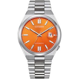 Citizen Automatikuhr »TSUYOSA 60h« Armbanduhr, Damenuhr, Herrenuhr, Edelstahlarmband, Saphirglas, Datum silberfarben-orange Geschmackvolle...