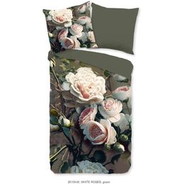 PURE LUXURY COLLECTION Wendebettwäsche »White Roses« 2 Stk. tlg. Mikrofaser, 135x200, 2 Teilig, Wendeoptik, Weiße Rosen, Blumen, grün grün...